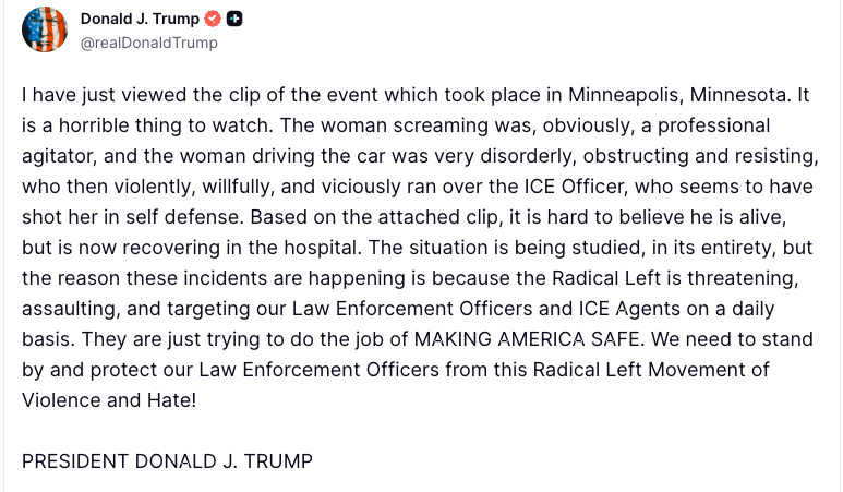Trump Says ICE Shooting Self Defense, Blames ‘Radical Left Threatening ...