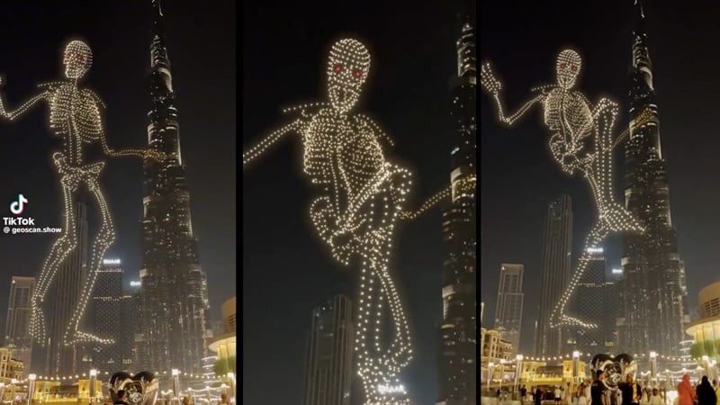 Watch: Dazzling Dubai ‘Drone Display’ Features Giant Moving Skeleton